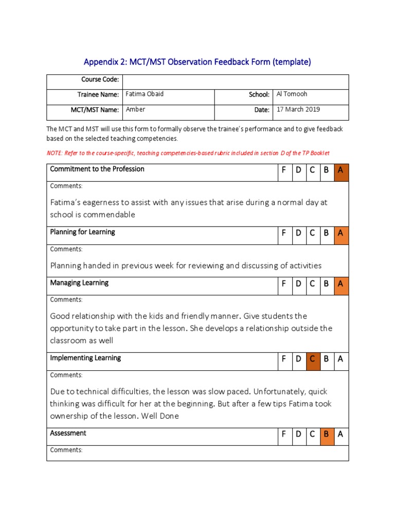 Appendix 2: MCT/MST Observation Feedback Form (Template) : Commitment ...
