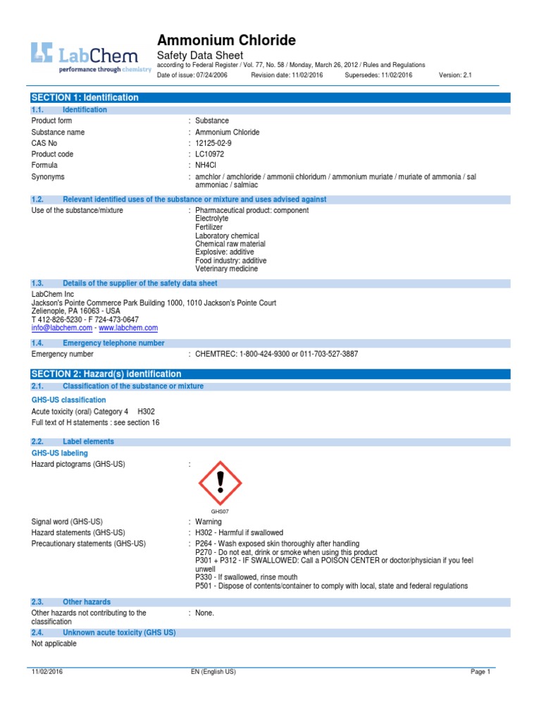 Ammonium Chloride: Safety Data Sheet | PDF | Toxicity | Ammonia