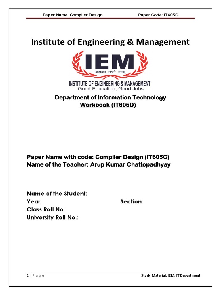 Compiler Design (IT605C): A Comprehensive Workbook for Understanding the Key Concepts | PDF ...