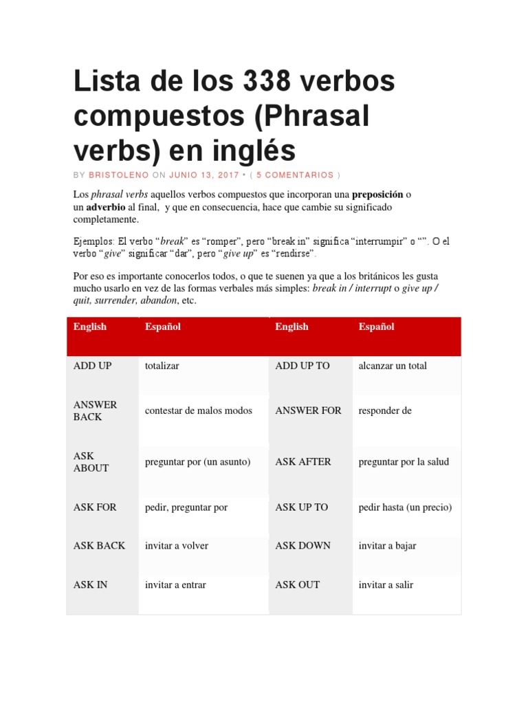 Lista de 338 verbos compuestos en inglés | PDF | Mecánica del lenguaje ...