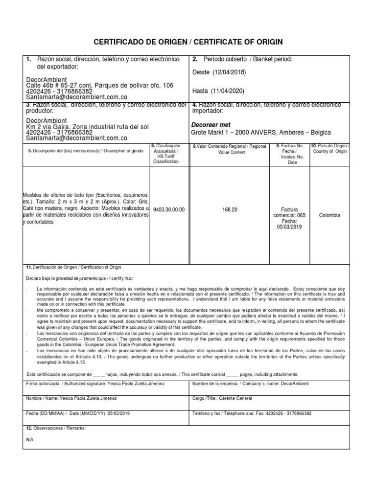 Certificado de Origen | PDF Certificado de Origen | PDF