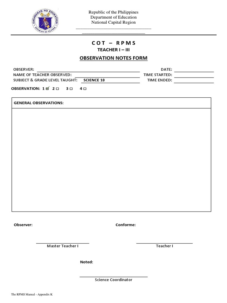 Observation Note - RPMS Scipips | PDF | Further Education