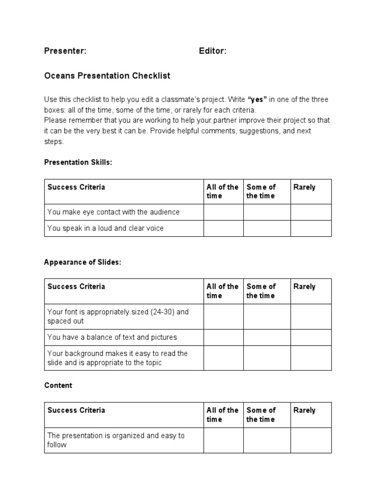 Oceans Presentation Checklist | PDF