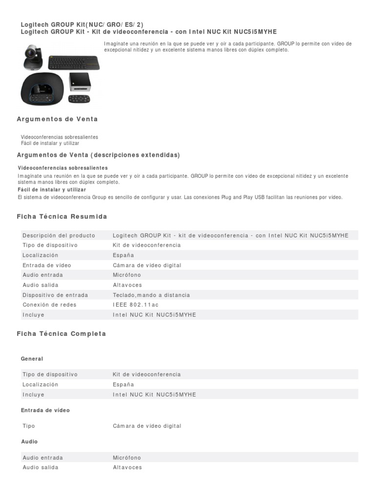 Product Data Sheet - Logitech GROUP Kit (NUC - GRO - ES - 2) | PDF ...