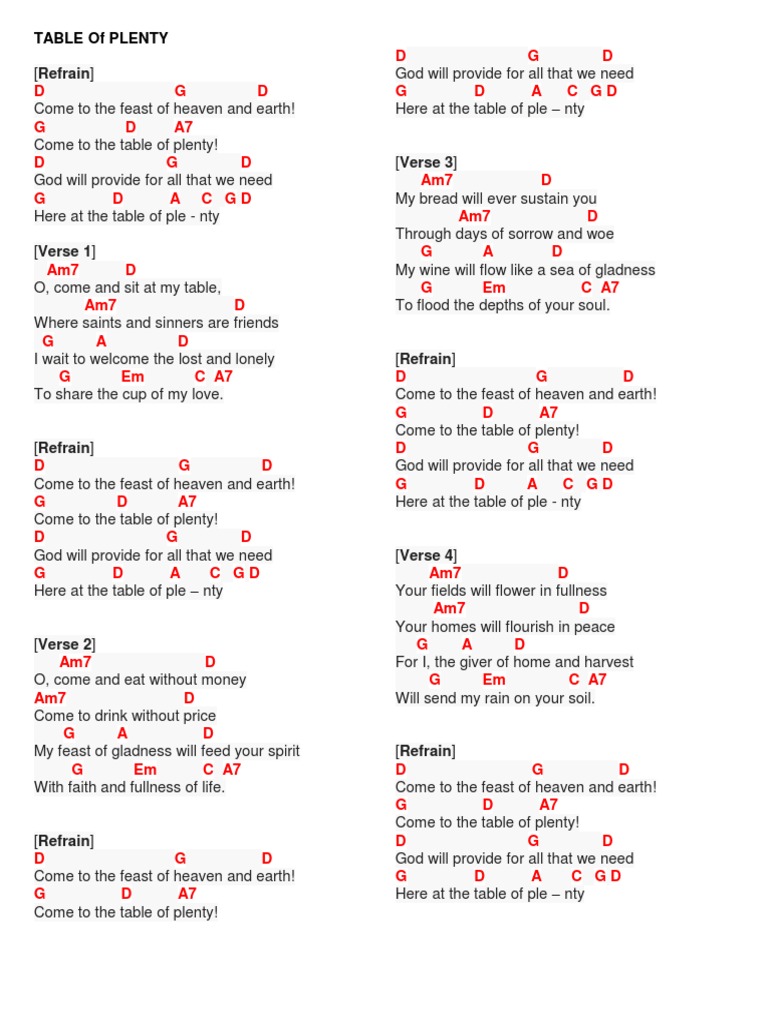 Table Of Plenty With Chords Pdf Religious Behaviour And Experience