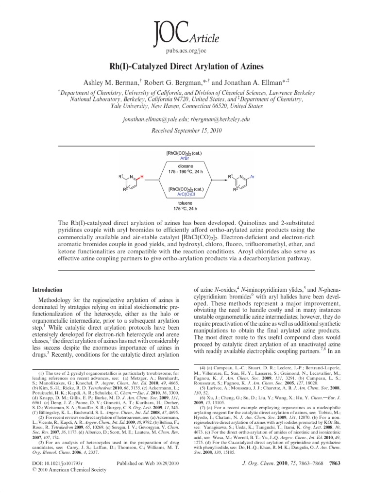 RH (I) - Catalyzed Direct Arylation of Azines: Ashley M. Berman, Robert ...