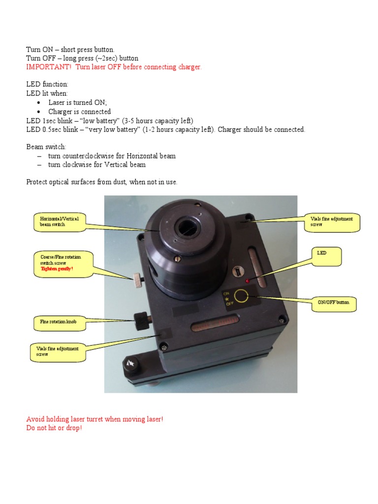 IMPORTANT! Turn Laser OFF Before Connecting Charger.: Horizontal ...