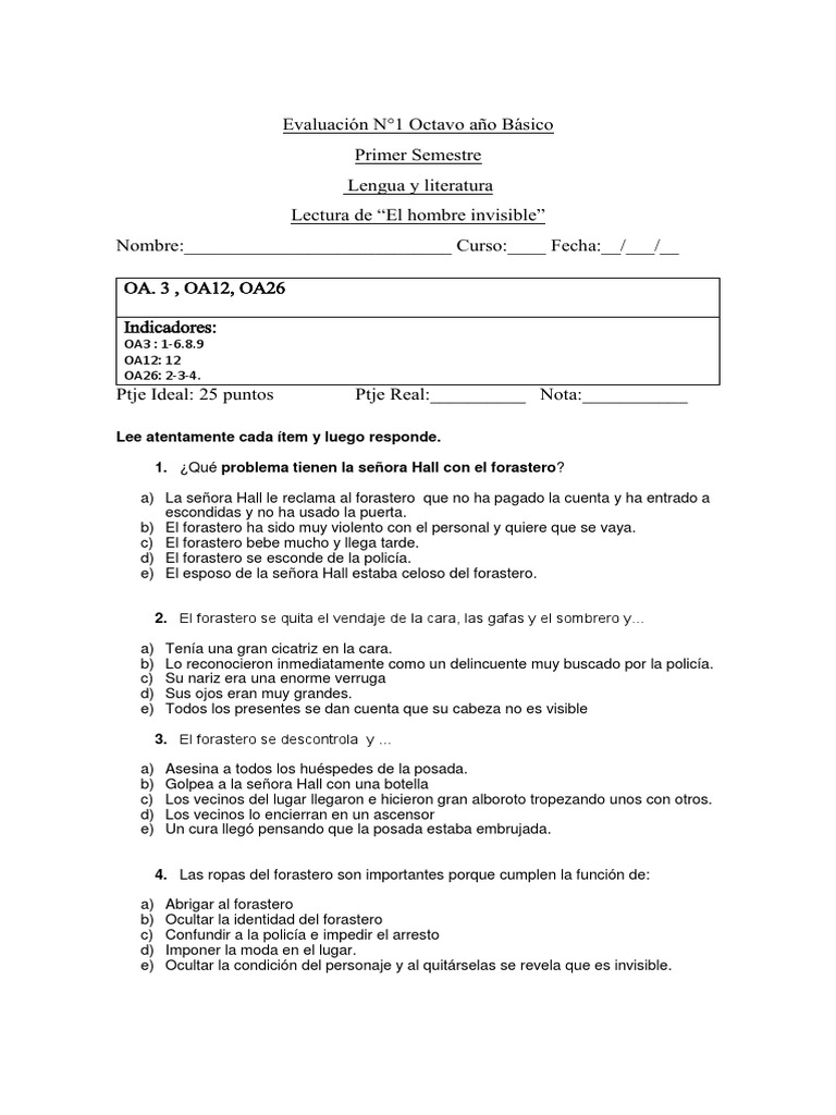 Octavo1 LECTURA DE EL HOMBRE INVISIBLE TEXTO 8° BÁSICO | PDF