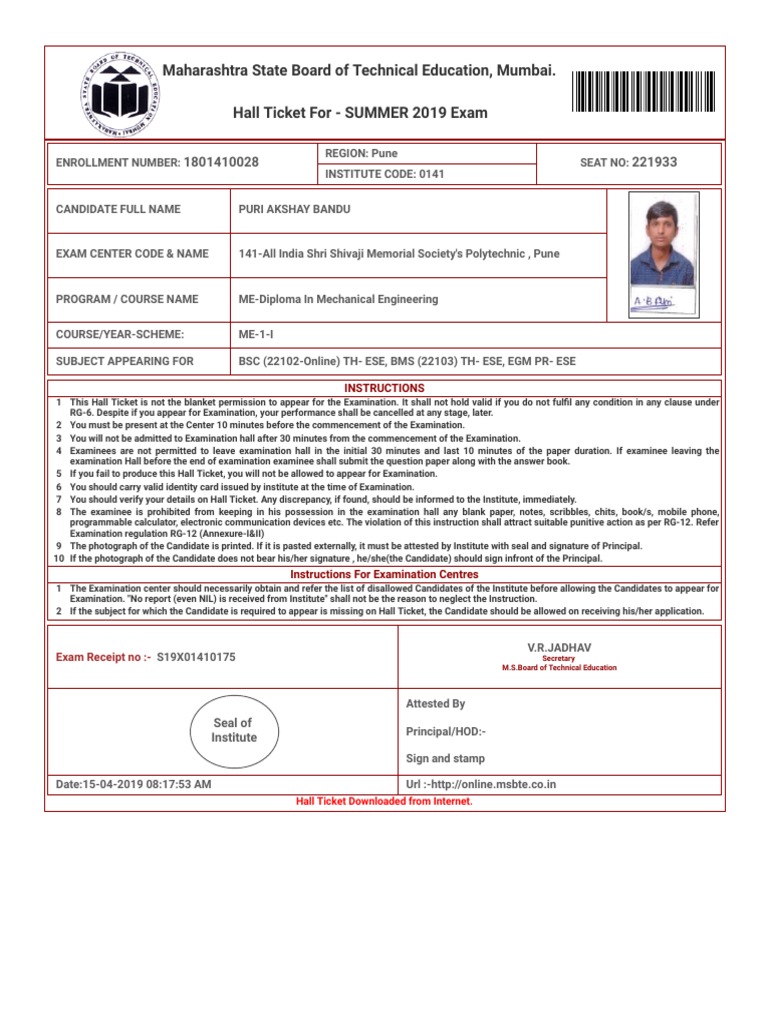 Maharashtra State Board of Technical Education, Mumbai. Hall Ticket For ...