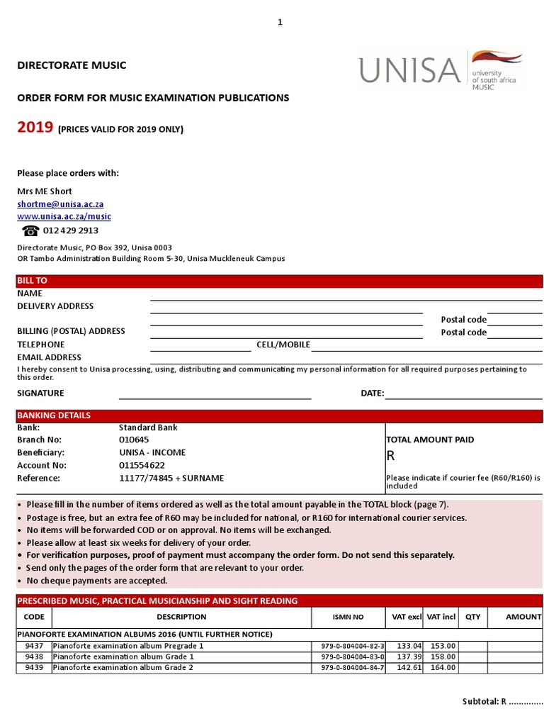 Directorate Music: Order Form For Music Examination Publications | PDF ...