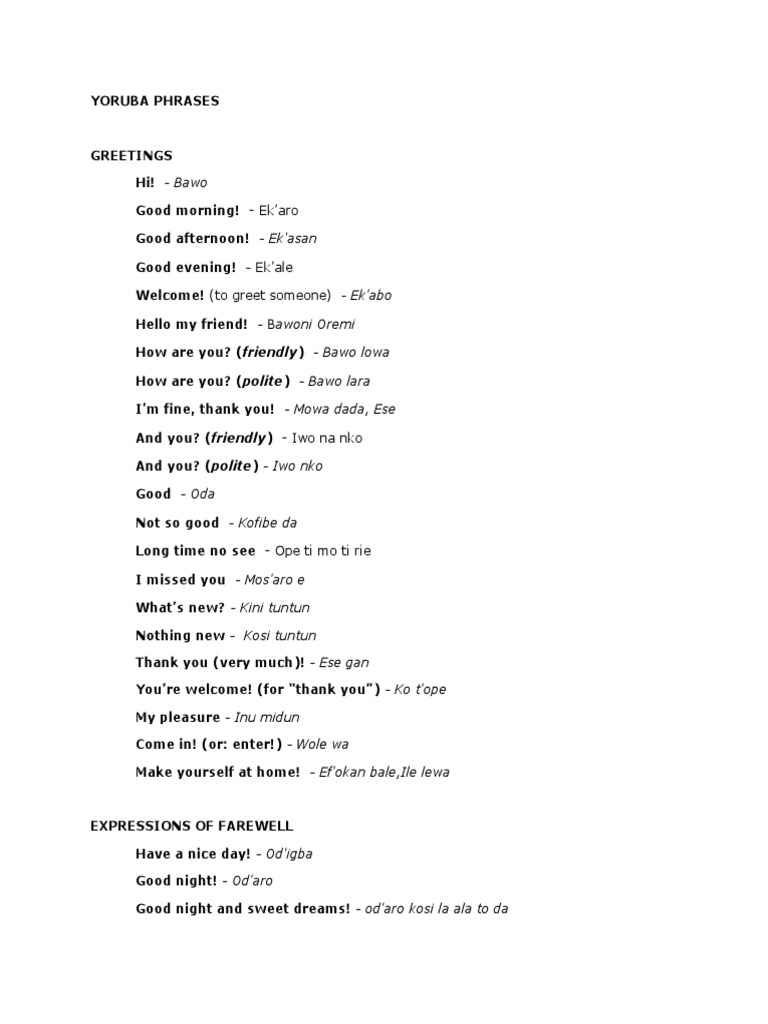 Essential Yoruba Greetings and Phrases | PDF