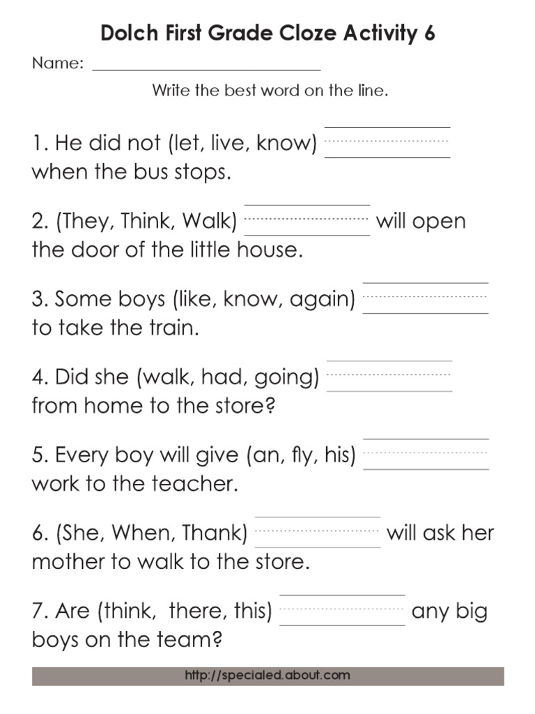 Dolch First Grade Cloze Activity 6 | PDF | Career & Growth