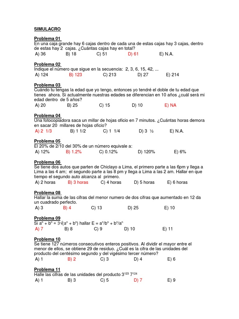 Simulacro de problemas matemáticos | PDF | Números | Enseñanza de matemática