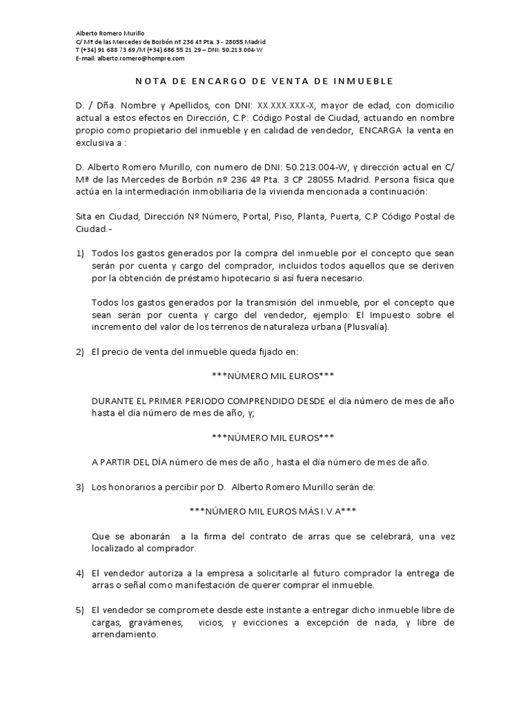 Nota de Encargo Venta Inmueble en Exclusiva | PDF | Business