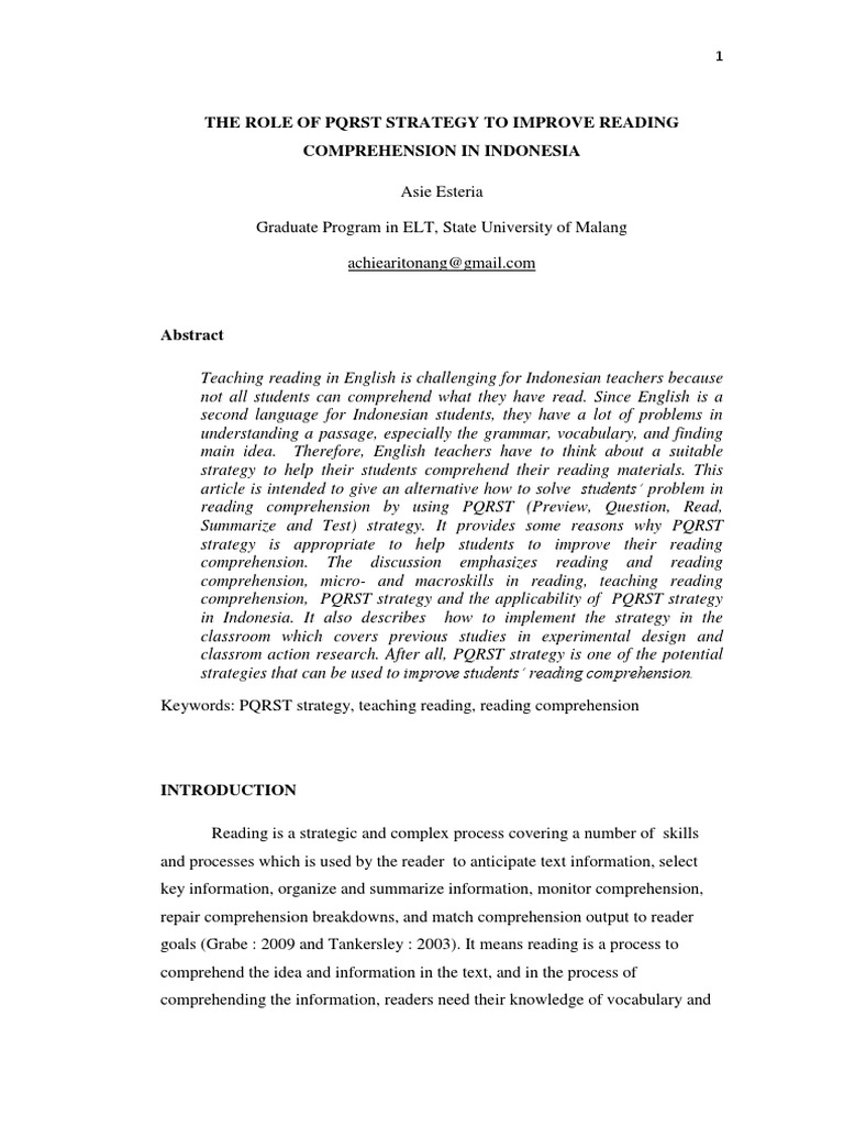 The Role of PQRST Strategy To Improve Reading Comprehension in ...