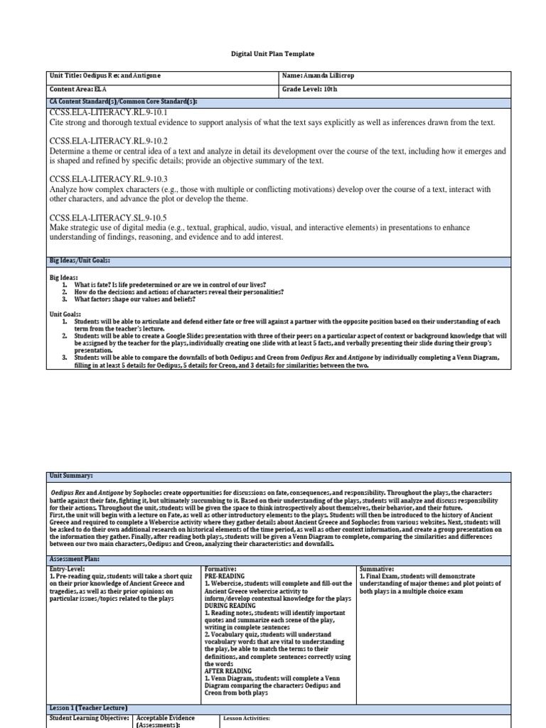 Digital Unit Plan Template | PDF | Sophocles | Teachers