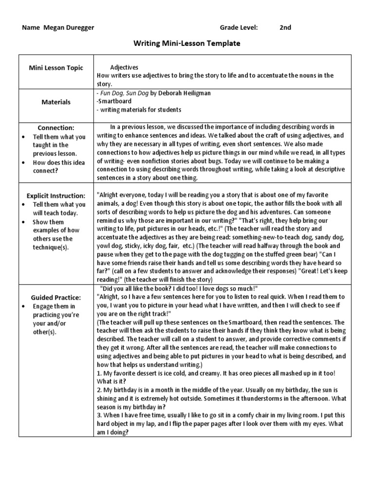 Mini Lesson 1 Template 1 1 1 Pdf Adjective Teachers