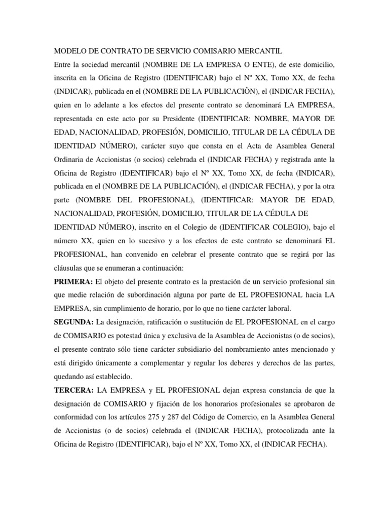 Modelo de Contrato Comisario Mercantil | PDF | Instituciones sociales | Ciencias sociales