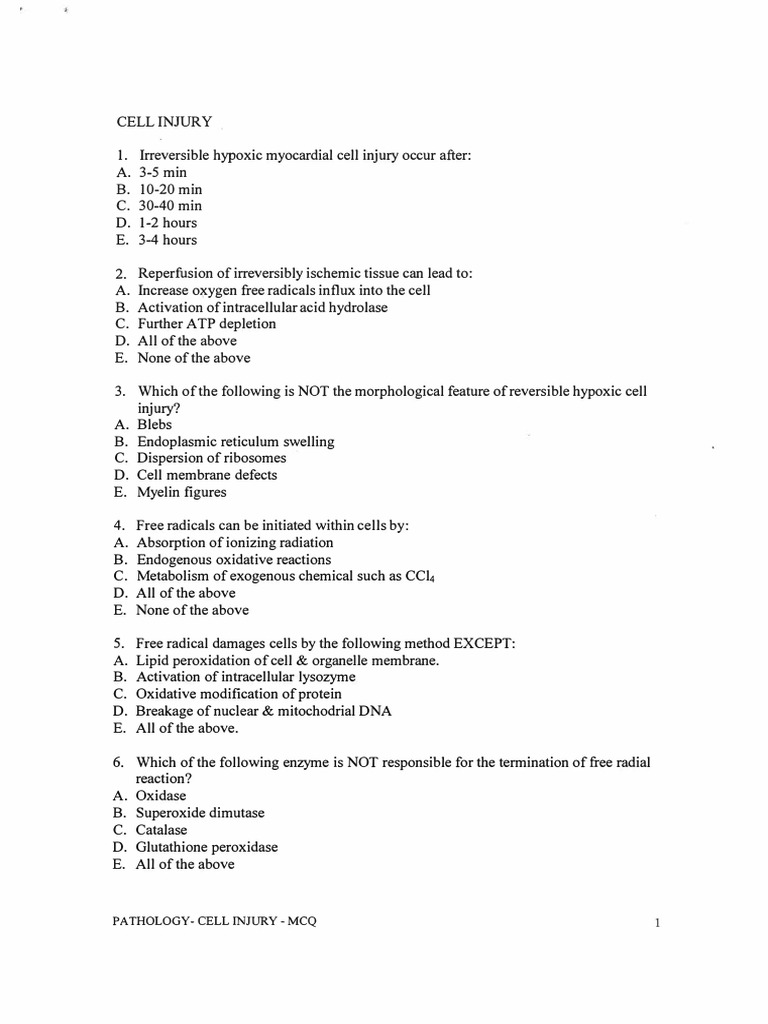 010 Pathology MCQ ACEM Primary Cell Injury 2 | PDF | Apoptosis | Necrosis