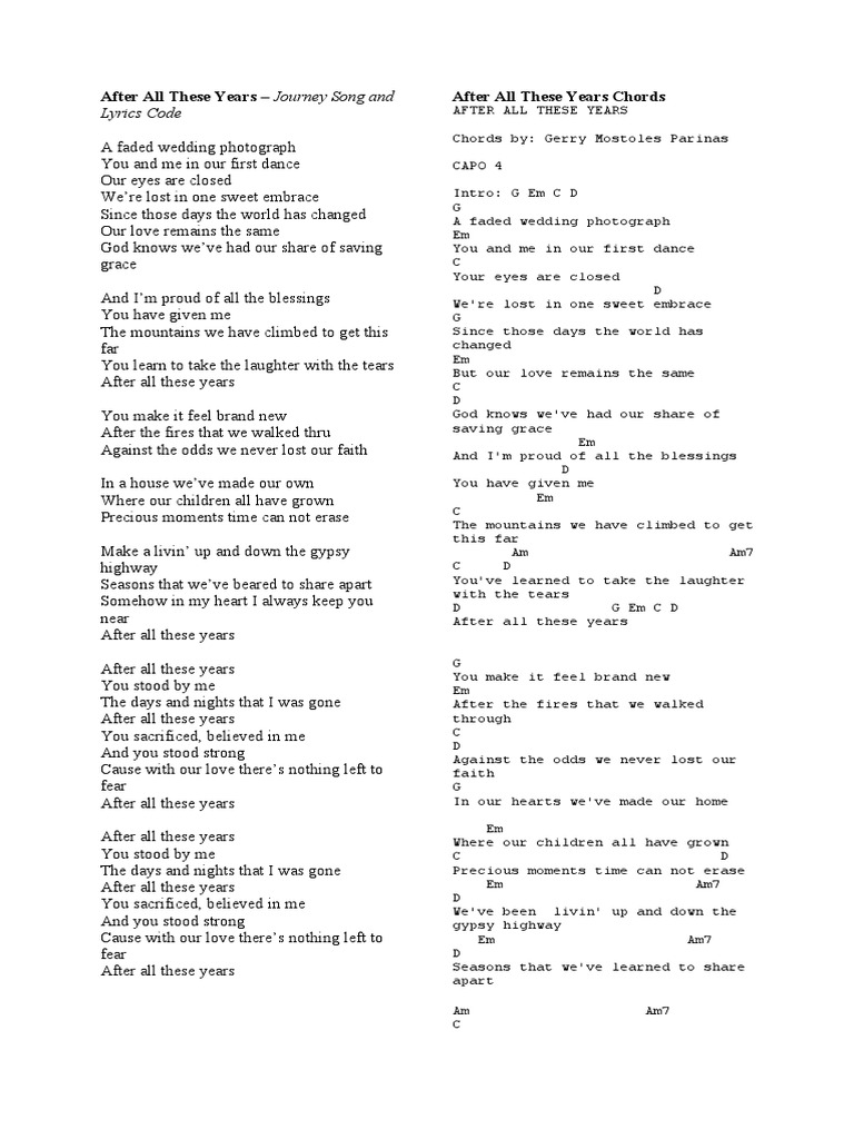 Lyrics Code: After All These Years - Journey Song and After All These ...