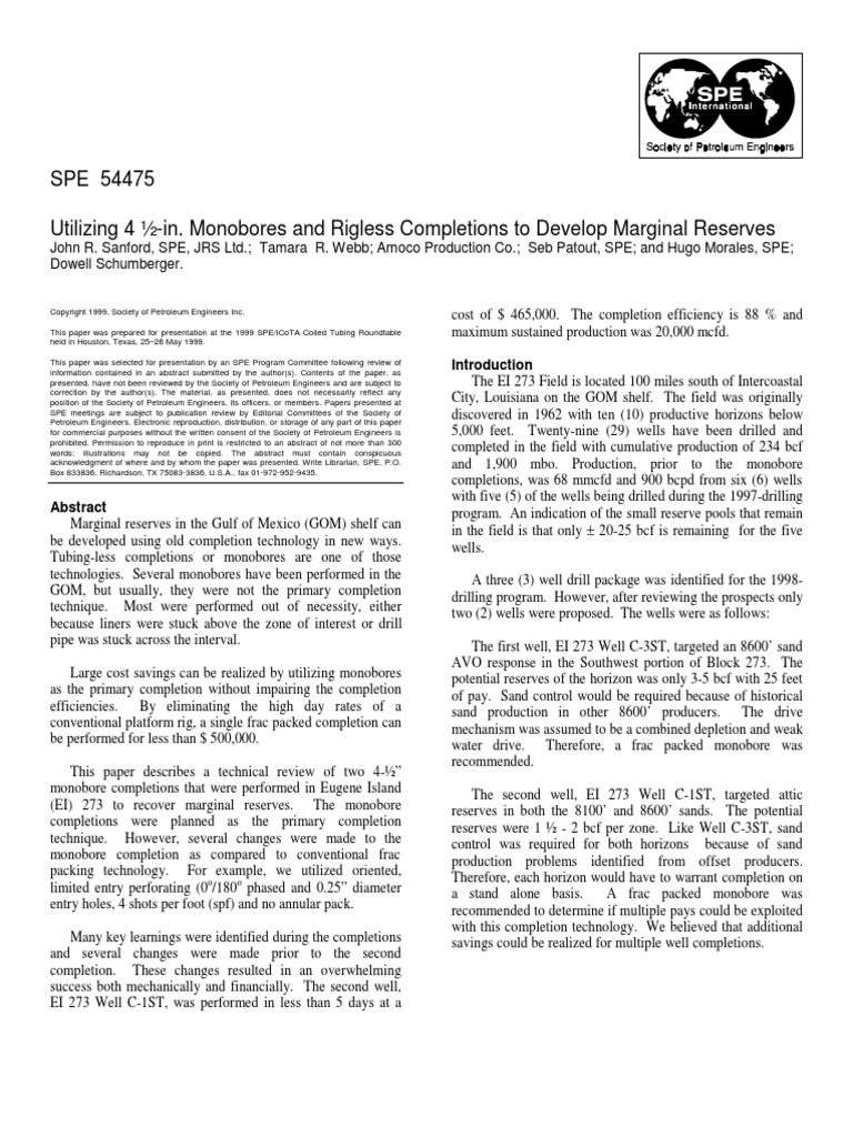 SPE - 54475 Monobore Completions | PDF | Geotechnical Engineering | Nature