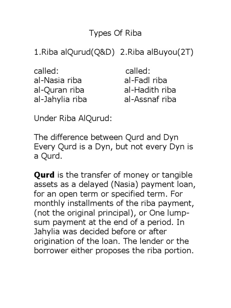 Types of Riba - Q&D, 2T, al-Nasia, al-Fadl | PDF | Loans | Credit
