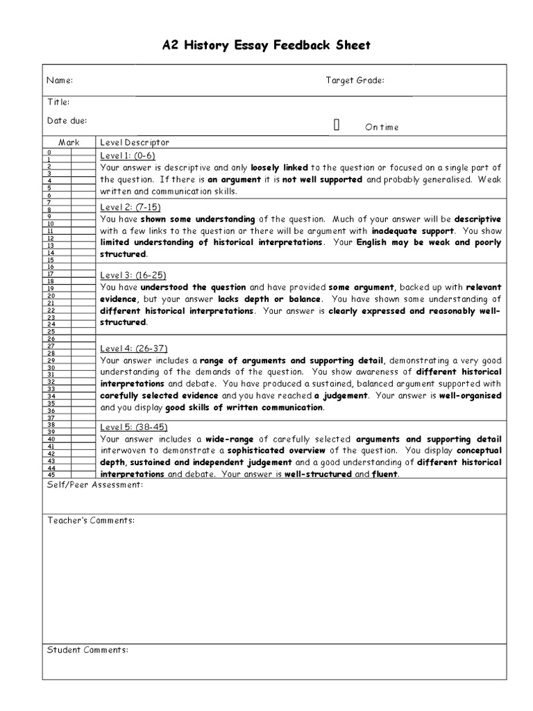 A2 History Essay Feedback Sheet | PDF