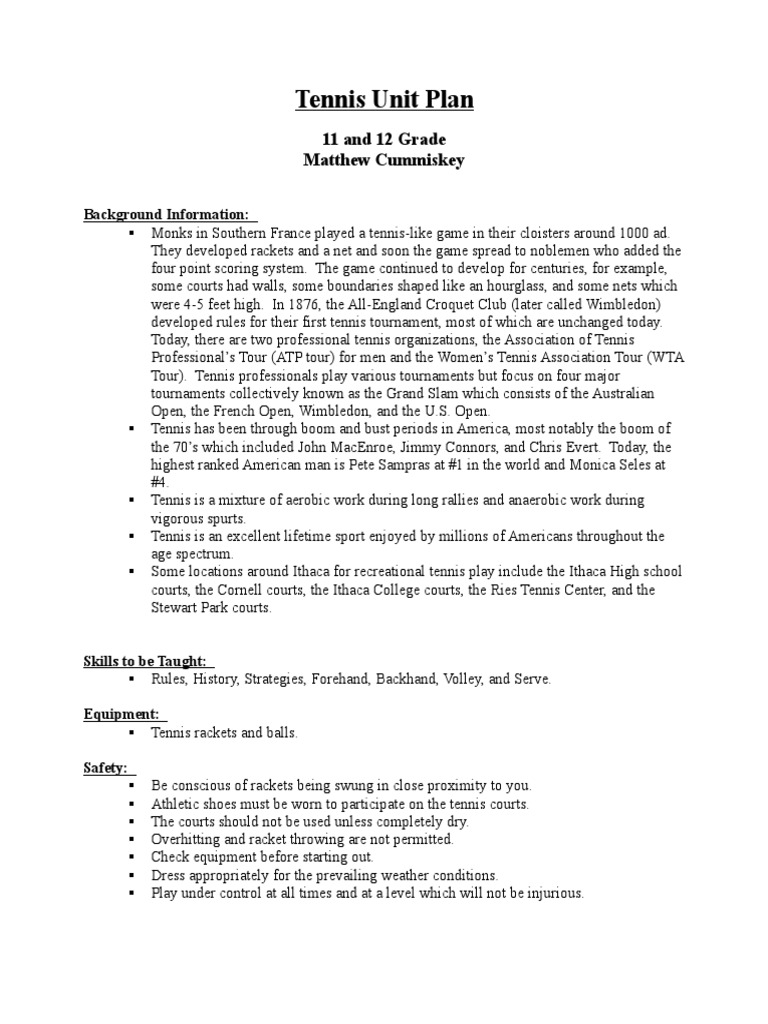 Tennis Unit Plan: 11 and 12 Grade Matthew Cummiskey | PDF | Athletic ...