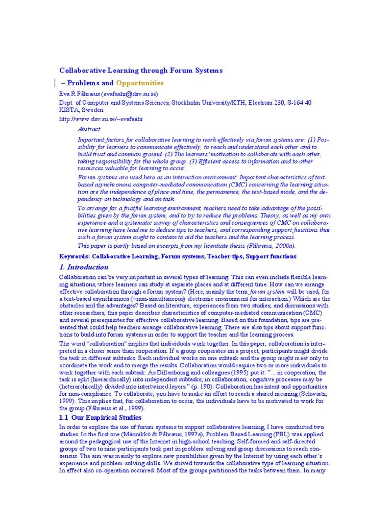 Collaborative Learning Through Forum Systems - Problems And: Opportunities | PDF | Learning ...