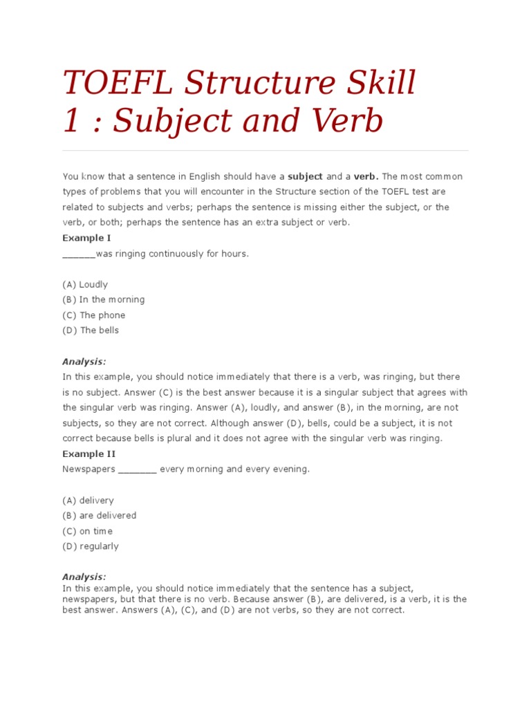 TOEFL Structure Skill 1 | PDF | Subject (Grammar) | Grammatical Number