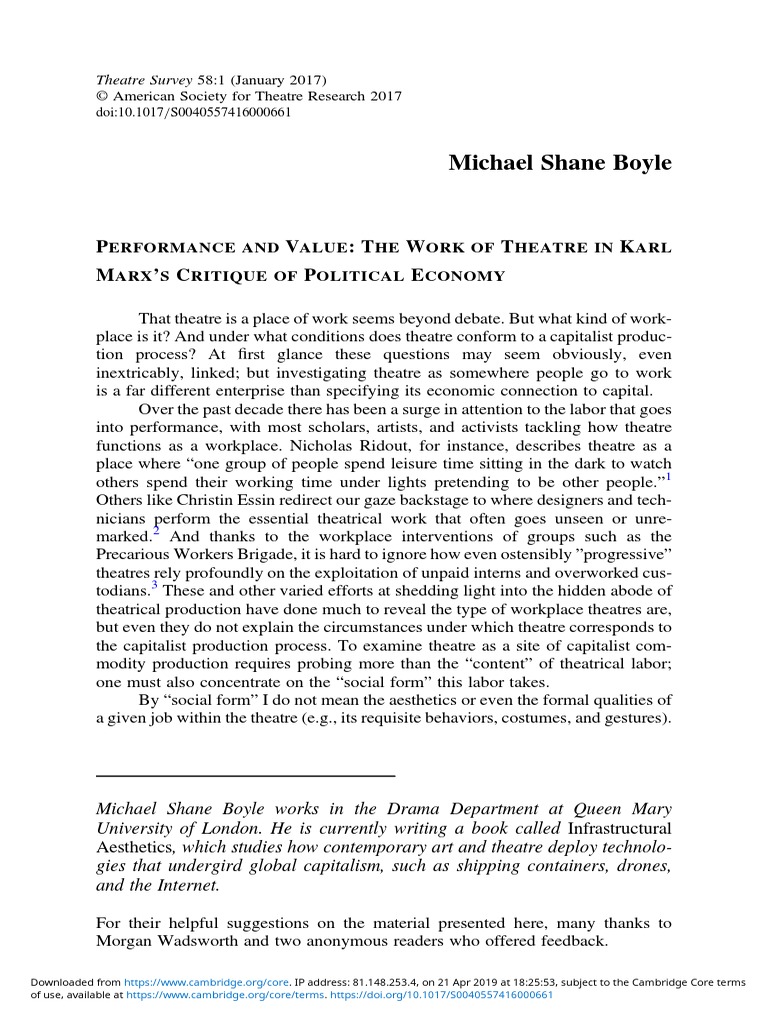 Performance and Value: The Work of Theatre in Karl Marx's Critique of ...