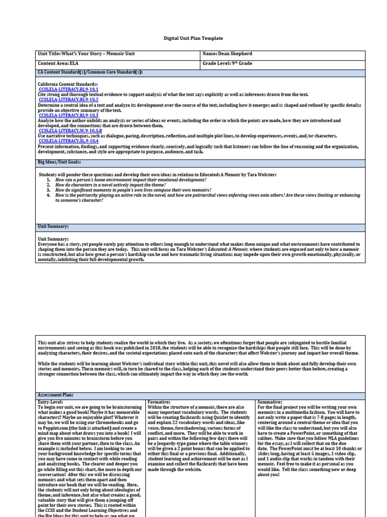 Digital Unit Plan Template 1 | Download Free PDF | Homework | Cognitive ...