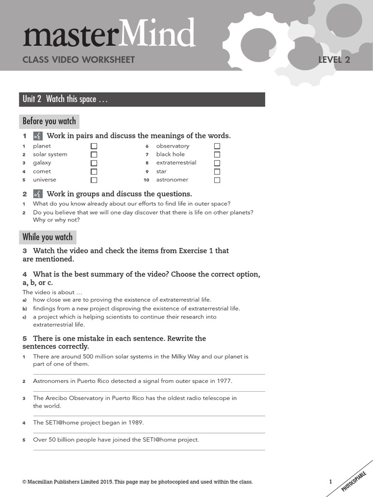 MasterMind 2 Unit 2 Class Video Worksheet | PDF | Search For Extraterrestrial Intelligence ...