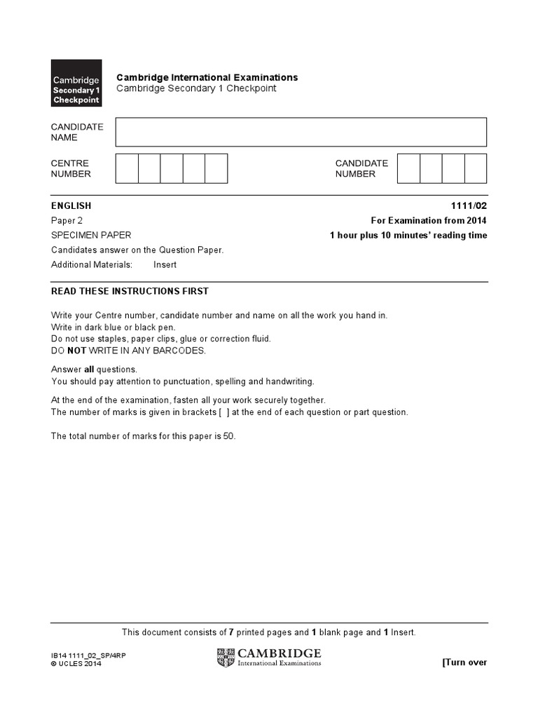 English Specimen Paper 1 Insert | PDF | Writing