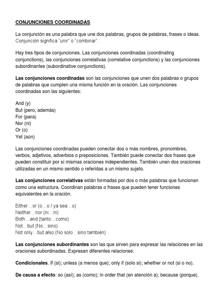 Conjunciones Coordinadas | PDF | Oración (Lingüística) | Unidades Semánticas