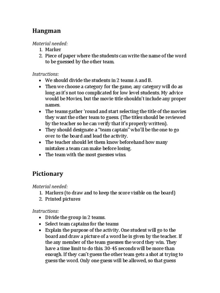 Hangman, Pictionary & More: 7 Fun ESL Classroom Games | PDF