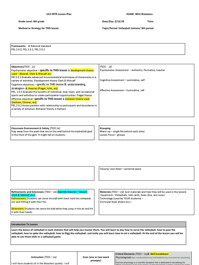 Tess Lesson Plan Pete Version With Theories 9 26 18 | PDF | Volleyball ...