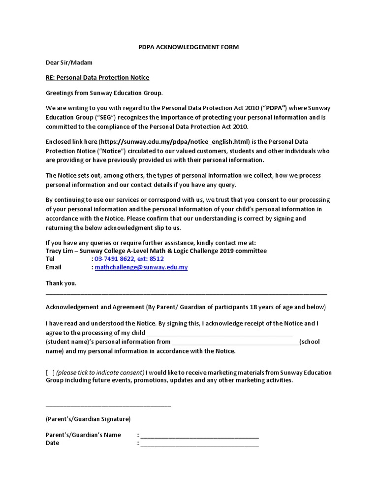 Pdpa Acknowledgement Form | PDF