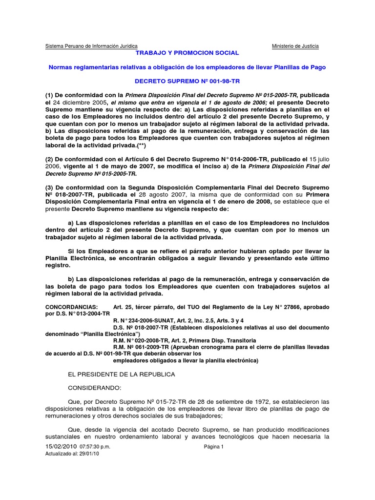 DS 001-98-TR | PDF | Derecho laboral | Salario