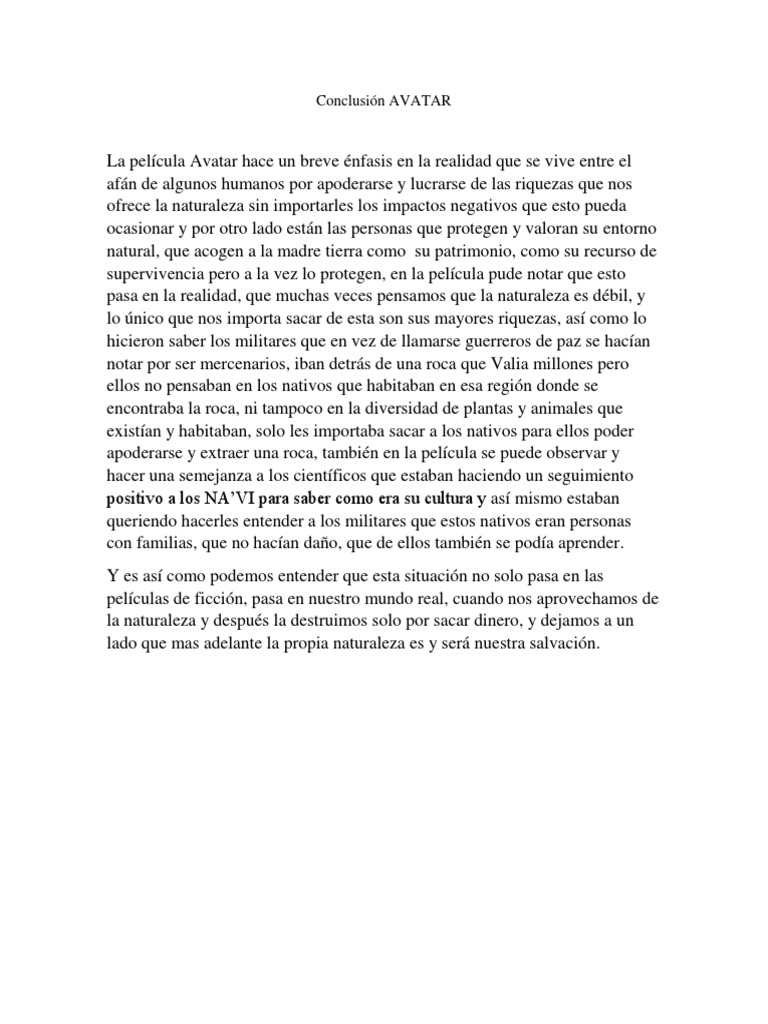 Conclusiones sobre Avatar y la naturaleza | PDF | Libros para adolescentes
