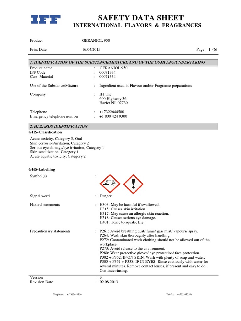Safety Data Sheet: International Flavors & Fragrances | PDF | Toxicity ...