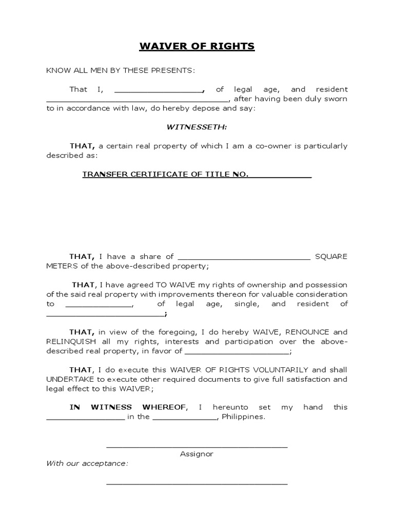 Sample Waiver of Rights1 | PDF | Notary Public | Assignment (Law)