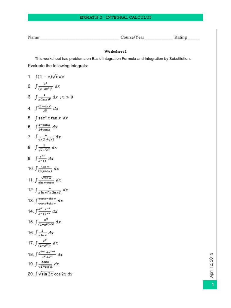 Integral Calculus Worksheet Problems | PDF | Teaching Methods & Materials