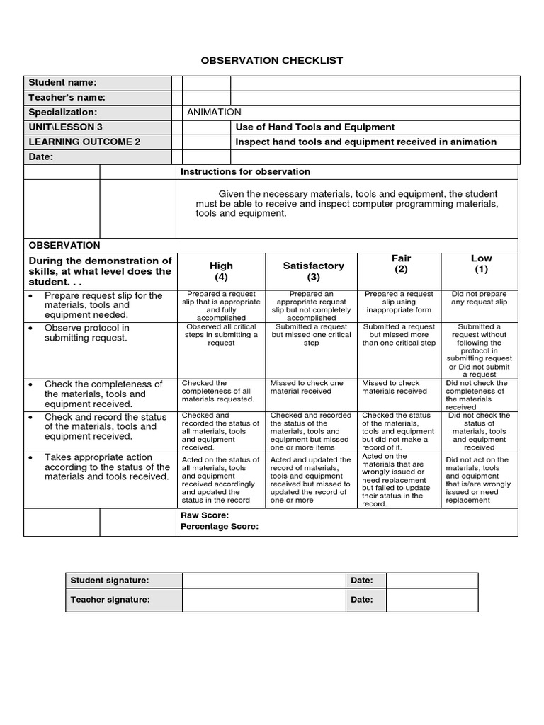 Assessment Tool L3 LO2 Observation Checklist | PDF | Cognition | Psychology