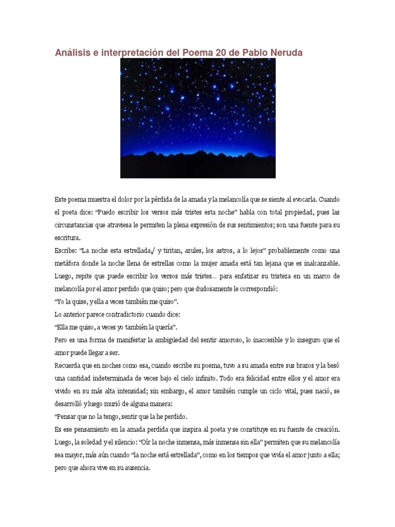 Análisis del Poema 20 de Neruda | PDF | Poesía | Amor