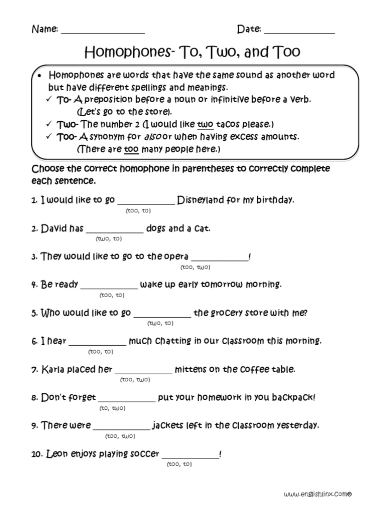 Homophones: To, Two, and Too Worksheet | PDF | Language Arts & Discipline