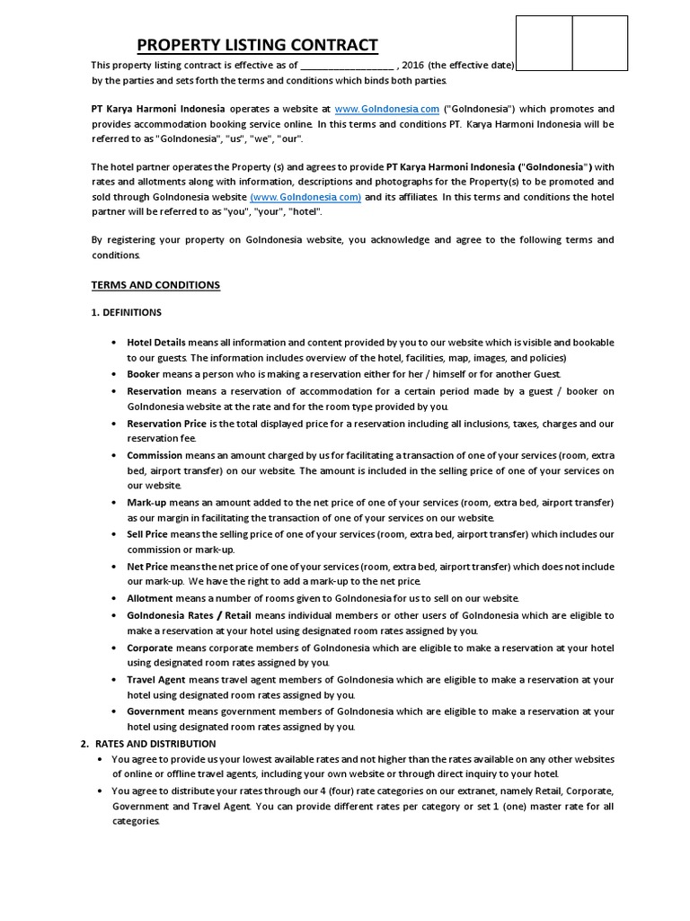 Property Listing Contract: Terms and Conditions for Hotel Partners to ...