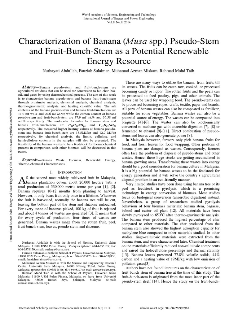Characterization of Banana Musa SPP Pseudo Stem and Fruit Bunch Stem As ...