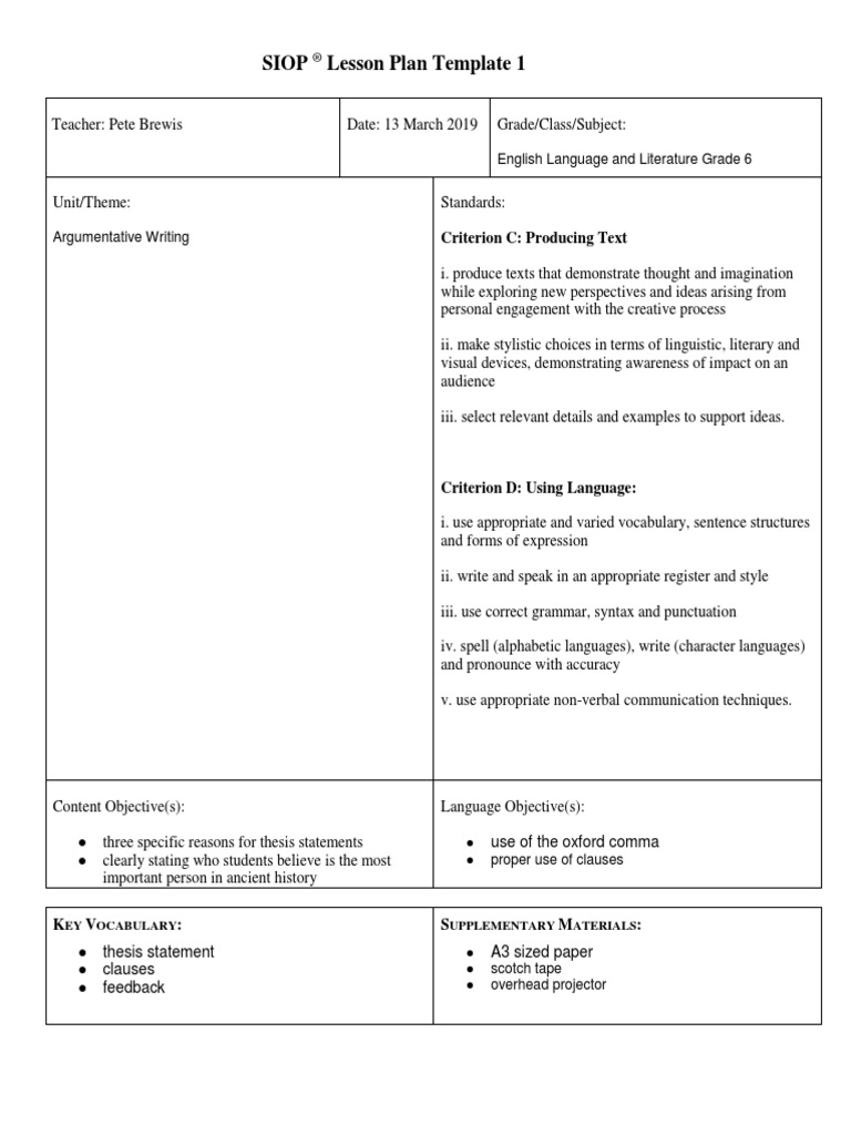 Siop Lesson Plan Template 1: Criterion C: Producing Text | PDF | Lesson ...