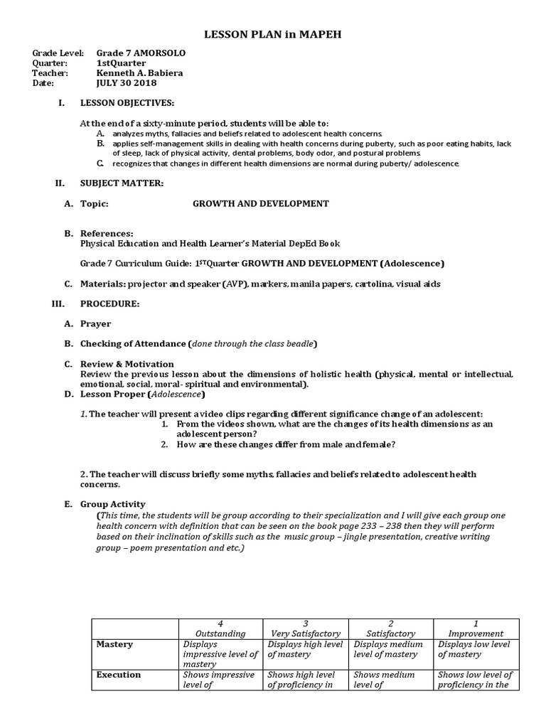 Growth and Development Lesson for Adolescents | PDF | Adolescence ...